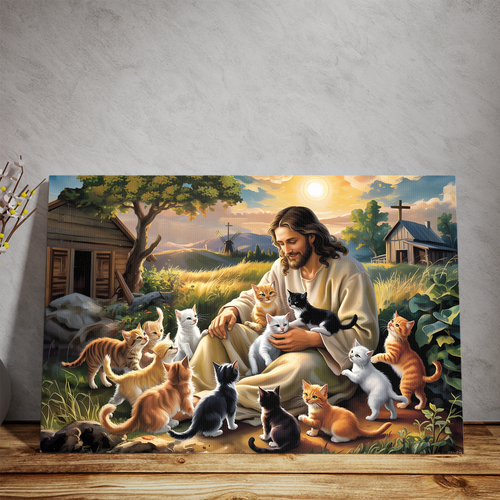 Jesus and Cats Wall Art Canvas, Christian Cat Lovers Poster Print for ...