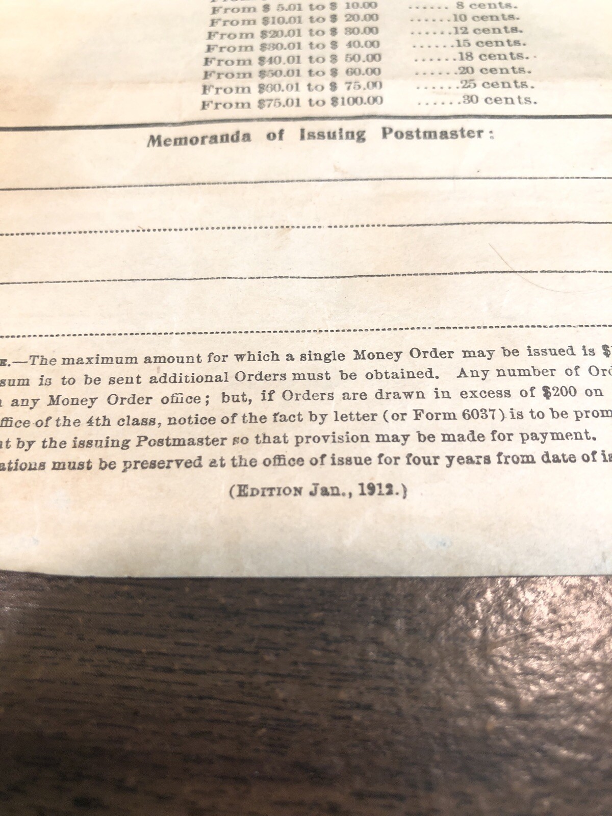 Antique 1912 Application for Domestic Money Order Fee List Post Office ...