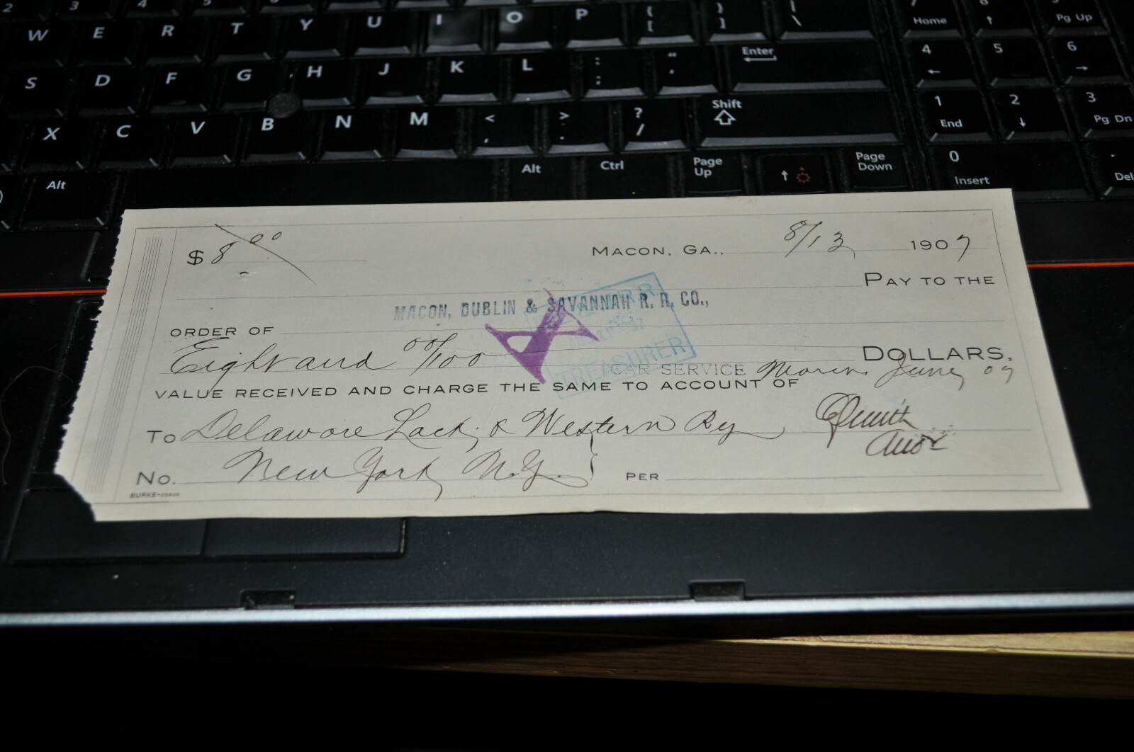 1907 Macon Dublin & Savannah RR Railroad Bank Check Macon GA to DL&W RR ...