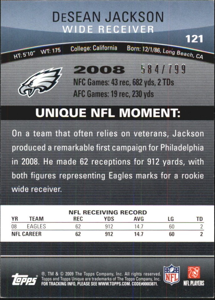 2009 Topps Unique Red Philadelphia Eagles Football Card #121 DeSean ...