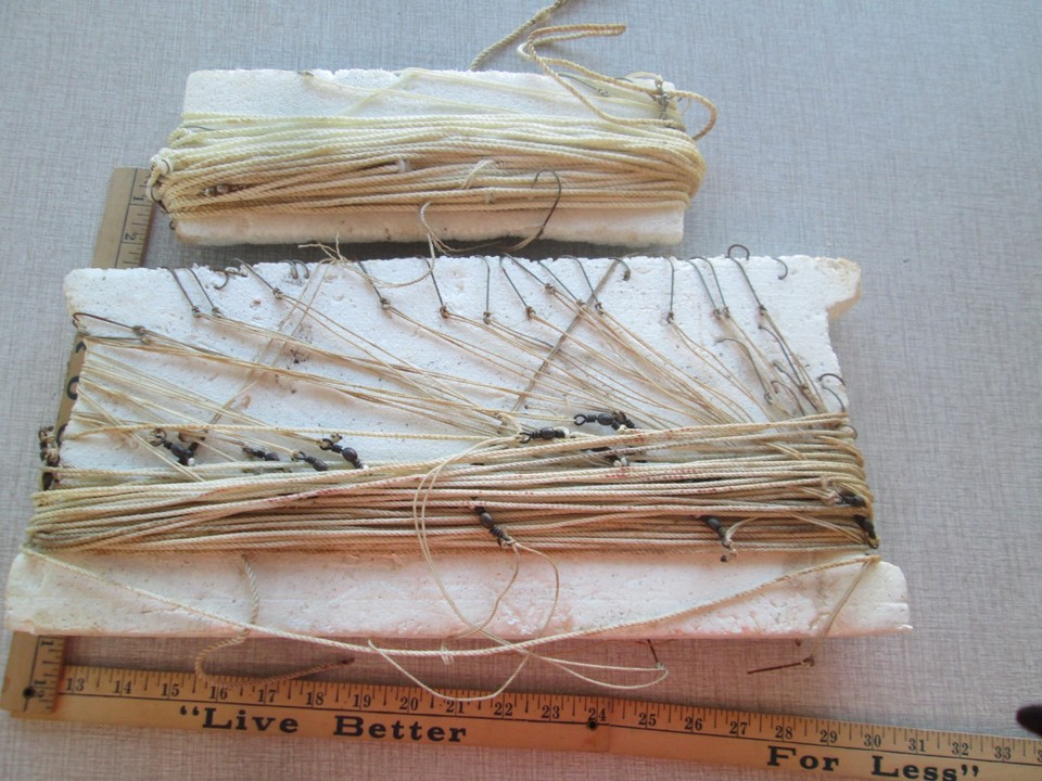 Two Vintage Hand Heavy Nylon Trot Lines Trotlines with Swivels & Hooks ...