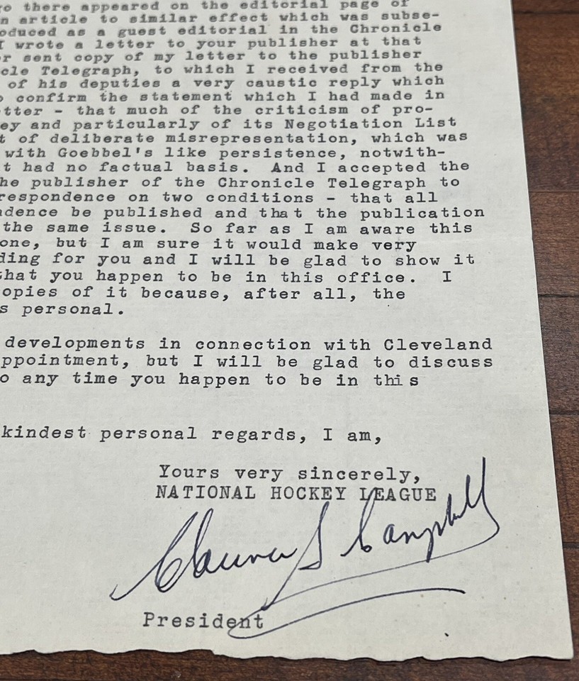 Clarence Campbell Signed National Hockey League Letter NHL Authentic ...