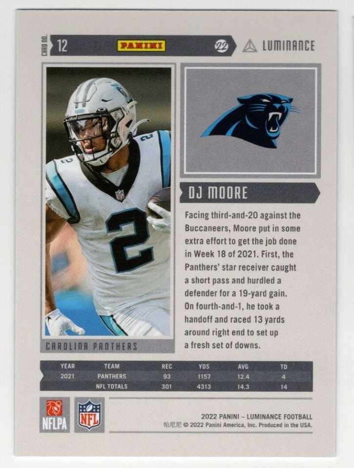 DJ MOORE 2022 Panini Luminance /35 Teal #12 NFL Panthers Vertical ID ...