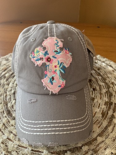 Pink Cross Gray Floral distressed baseball cap hat adjustable NWT LAST ...