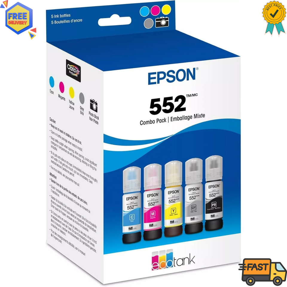 EPSON 552 EcoTank Ink Ultra-high Capacity Bottle Five Color Combo Pack ...