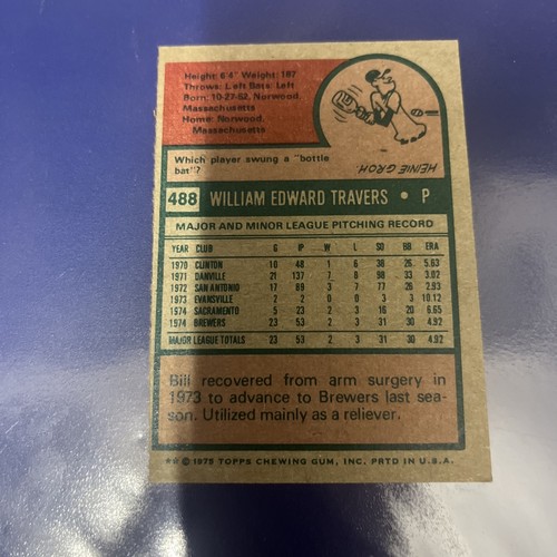 Bill Travers 1975 Topps Baseball ROOKIE Card #488-Milwaukee Brewers | eBay