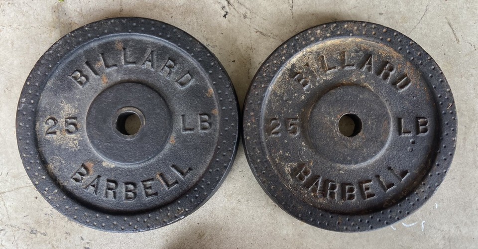 Vintage Billard Barbell 25lb PAIR Standard Size Weight Plates Thick ...