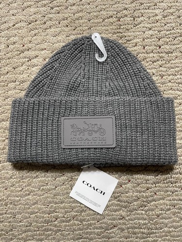 New COACH Classic Ribbed Tonal Patch Cuff Beanie-Dove Gray | eBay