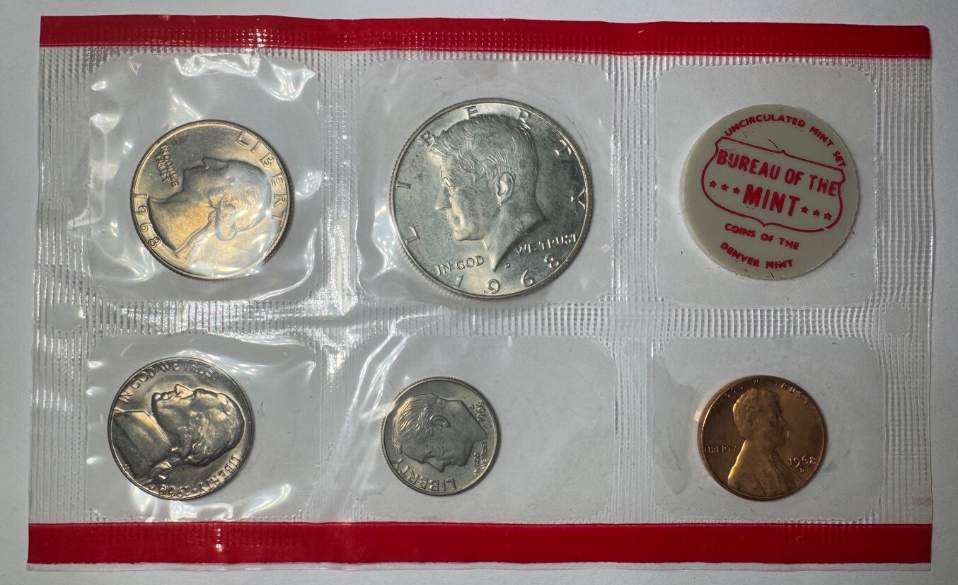 1968-D US Uncirculated Denver Mint 5 Coin Set w/40% Silver Kennedy Half ...