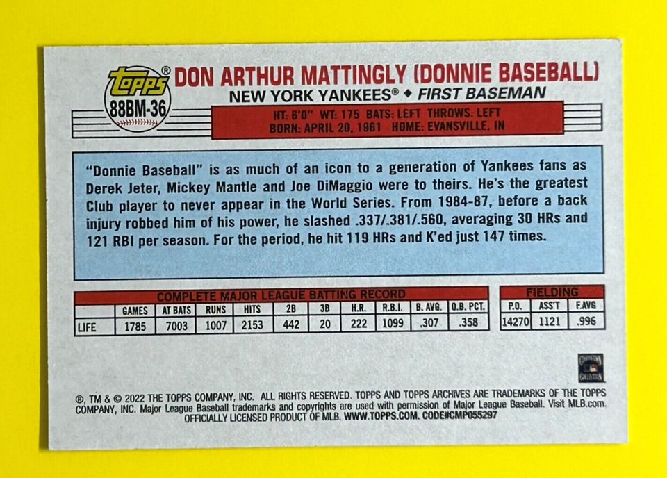 Don Mattingly 2022 Topps Archives '88 Topps Big Mini #88BM-36, New York ...