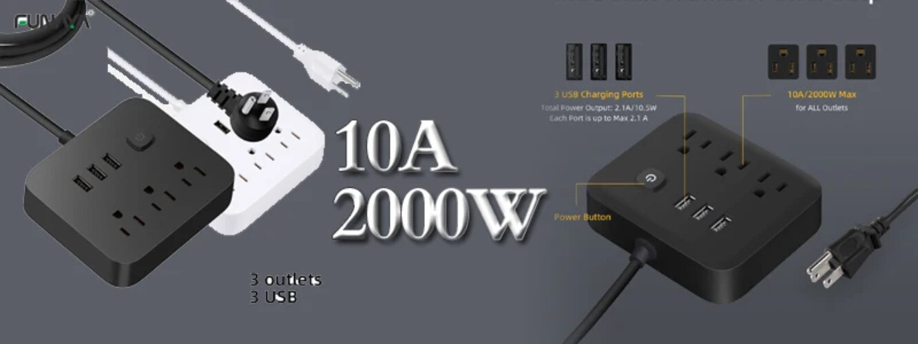 US Power Strip 6 AC Outlets 10A 110v 220v 3 USB Ports Sockets 1 TYPE-C ...
