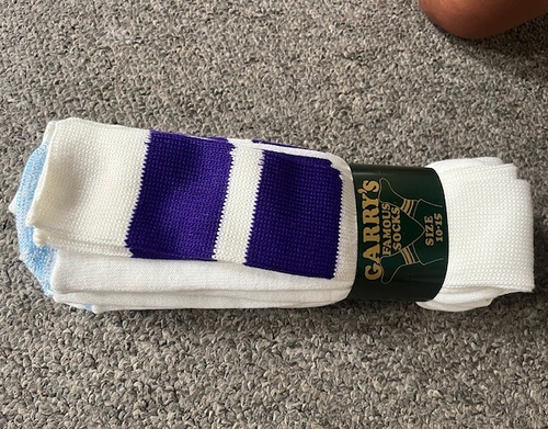4 VINTAGE EXTRA LONG white purple stripes TUBE SOCKS 26'' TALL ORLON ...