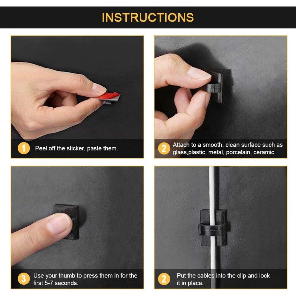 Self Adhesive Cable clips, Black Sticky Management Wire Clip 100 Pack ...