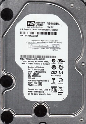 WD5002ABYS-01B1B0 dcm EHNNNV2MHN sn: WCAS... Western Digital 500Gb SATA ...