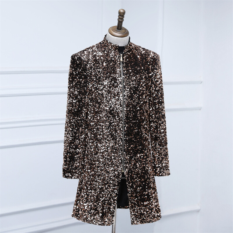 Men Fancy Glitter Sequin Long Suit Coat Slim Carnival Zip Jacket Dress ...