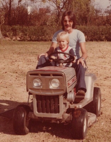 Man Boy Riding Lawn Mower Yard Dad Son Portrait 1981 | eBay