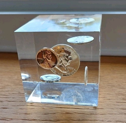 Vintage Lucite Acrylic Paperweight 1957 90% Silver Floating Coins Set ...