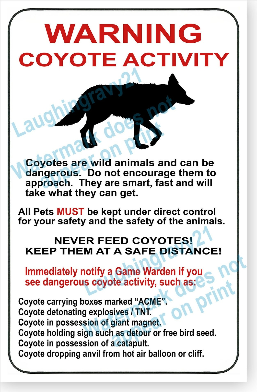 Beware Coyotes Roadrunner Gag Humor Poster | eBay