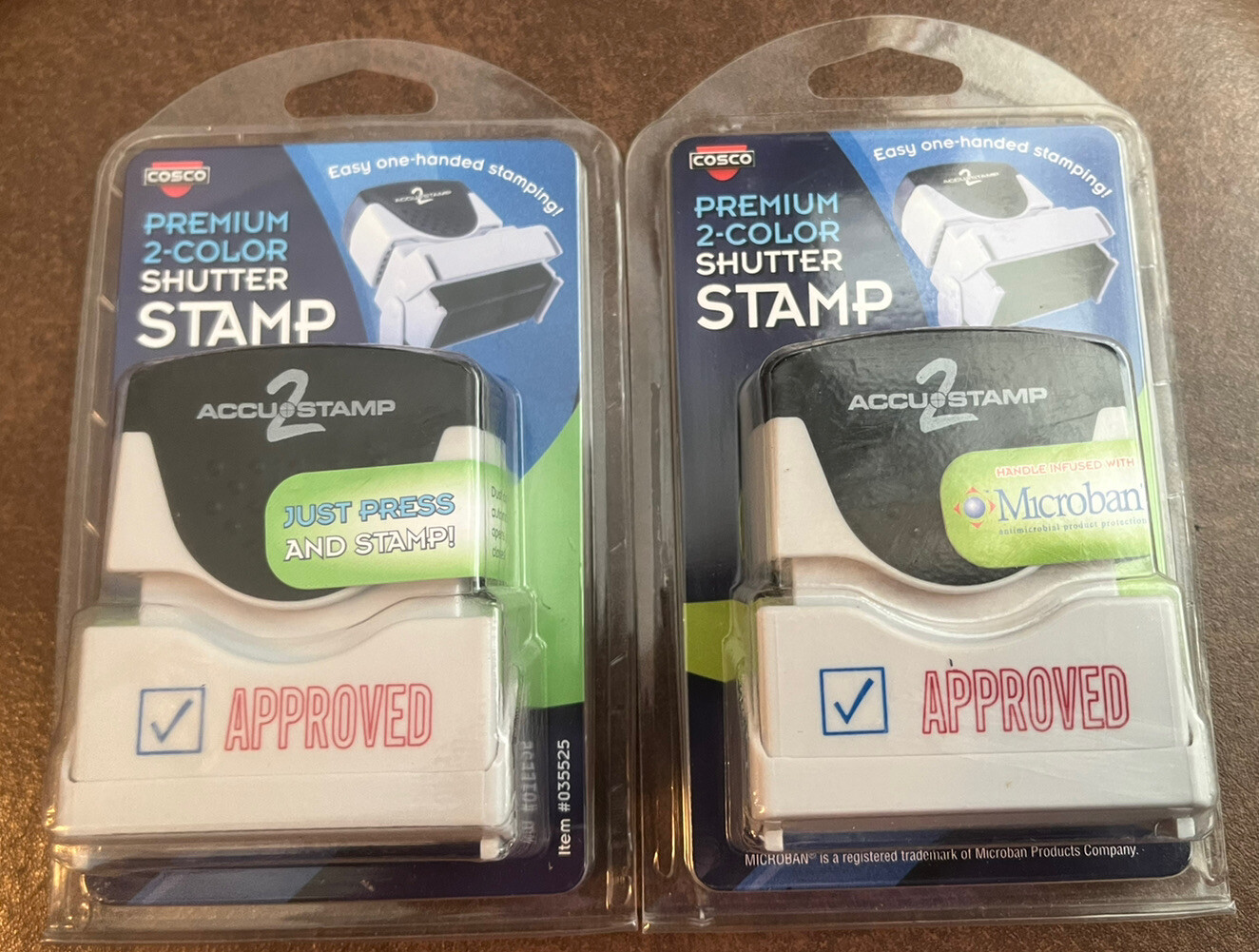 TWO (2) Accustamp Stamp with Microban, Red/Blue, APPROVED, 1 5/8 x 1/2 ...