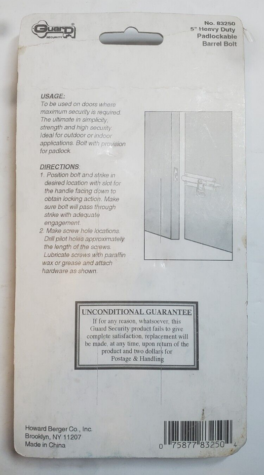 GUARD SECURITY 83250 HEAVY DUTY 5" PADLOCKABLE BARREL BOLT LOCK ZINC ...