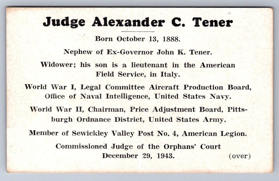 Political Keep Judge Alexander C. Tener on Orphan's Court of Allegheny ...