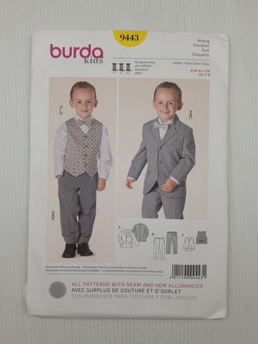 Burda Sewing Pattern 9443 Boys Suit Pants Jacket Vest Size US 2-8 EUR ...