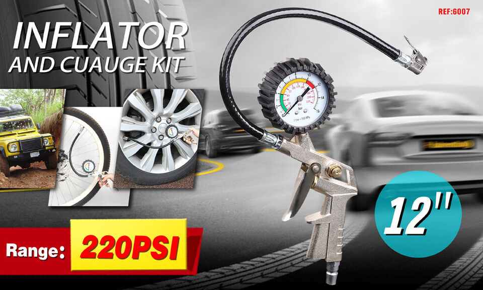 Dial Tire Inflator Gauge Flexible Hose 220 PSI Pistol Style Air Chuck ...