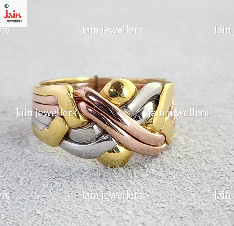18 Kt, 14 Kt Solid Three Tone Gold Turkish Puzzle Women'S Ring 6 7 8 9 ...