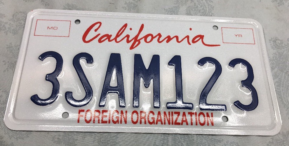 NOS CALIFORNA 3SAM123~DMV SAMPLE LICENSE PLATE~(Foreign Organization ...