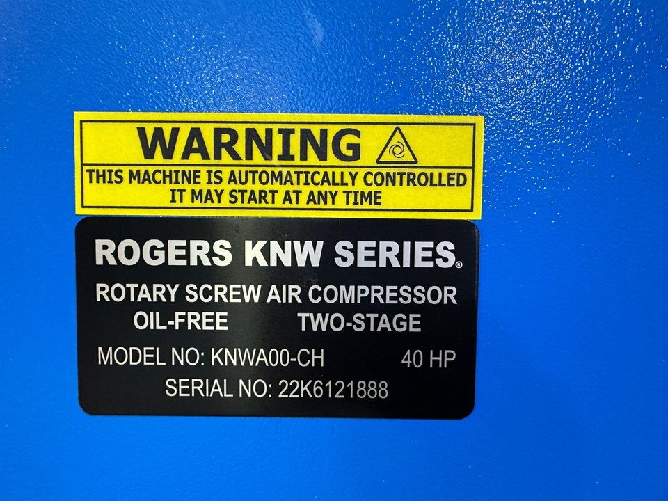 KOBELCO OIL FREE, KNW SERIES, 40 HP AIR COMPRESSOR '' TWO STAGE, 41 HRS ...