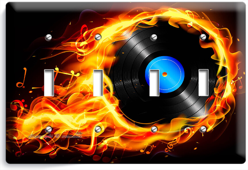 VINYL RECORD FIRE FLAMES 4 GANG LIGHT SWITCH WALL PLATES MUSIC STUDIO ...
