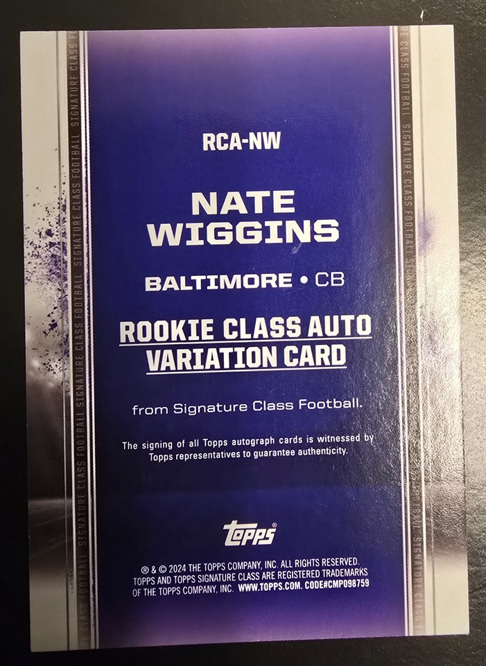Nate Wiggins - 2024 Signature Series ROOKIE AUTO CARD 43/150...RAVENS ...
