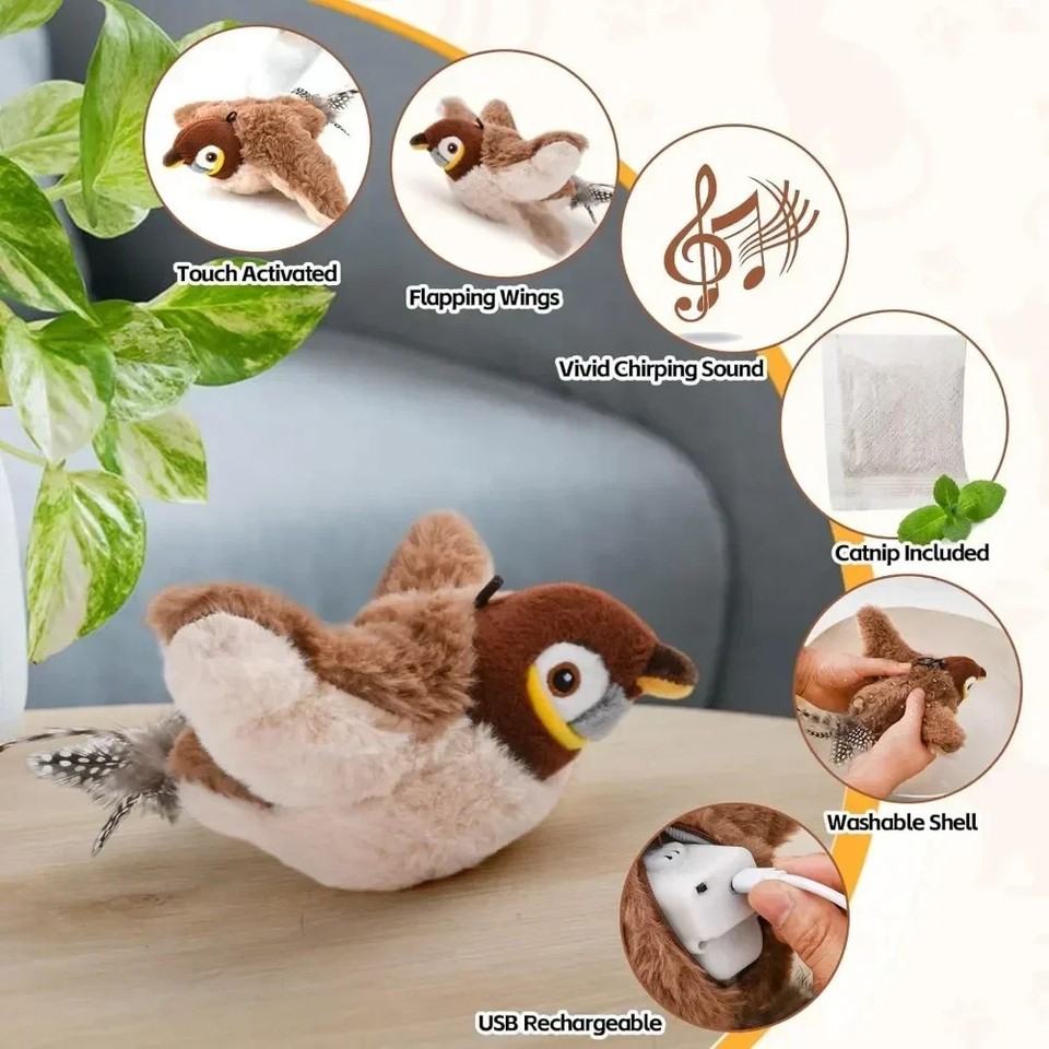 Electronic Interactive Fly Bird Cat Toys USB Pet Simulation Sparrow Toy ...