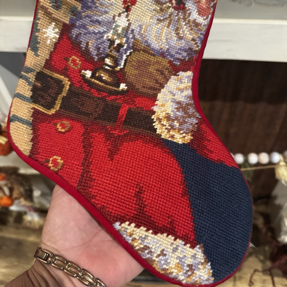17” Santa NEEDLEPOINT Christmas Stocking Vintage Red Felt Backing | eBay