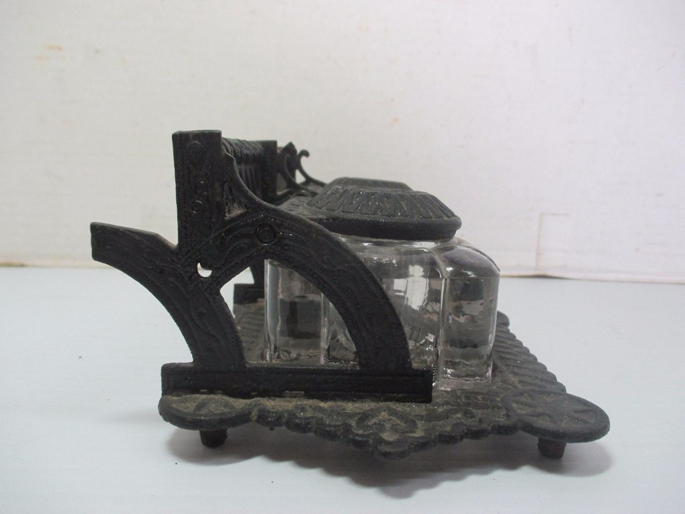 Vtg. Large Cast Iron Inkwell Set with 2 Glass Ink Wells on Cast Iron ...