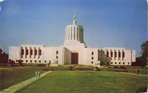 Postcard OR Salem Oregon State Capitol Building People Walking Gold Man ...