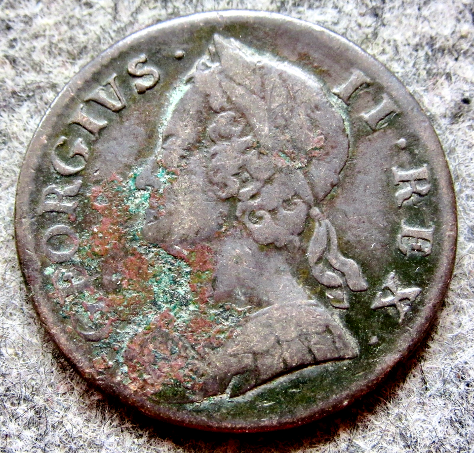GREAT BRITAIN GEORGE II 1750 HALFPENNY, US EARLY DAYS COLONIAL COPPER ...
