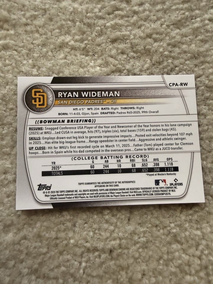 2025 Bowman Draft Chrome Ryan Wideman Blue Wave 1st Prospect Auto /150 ...