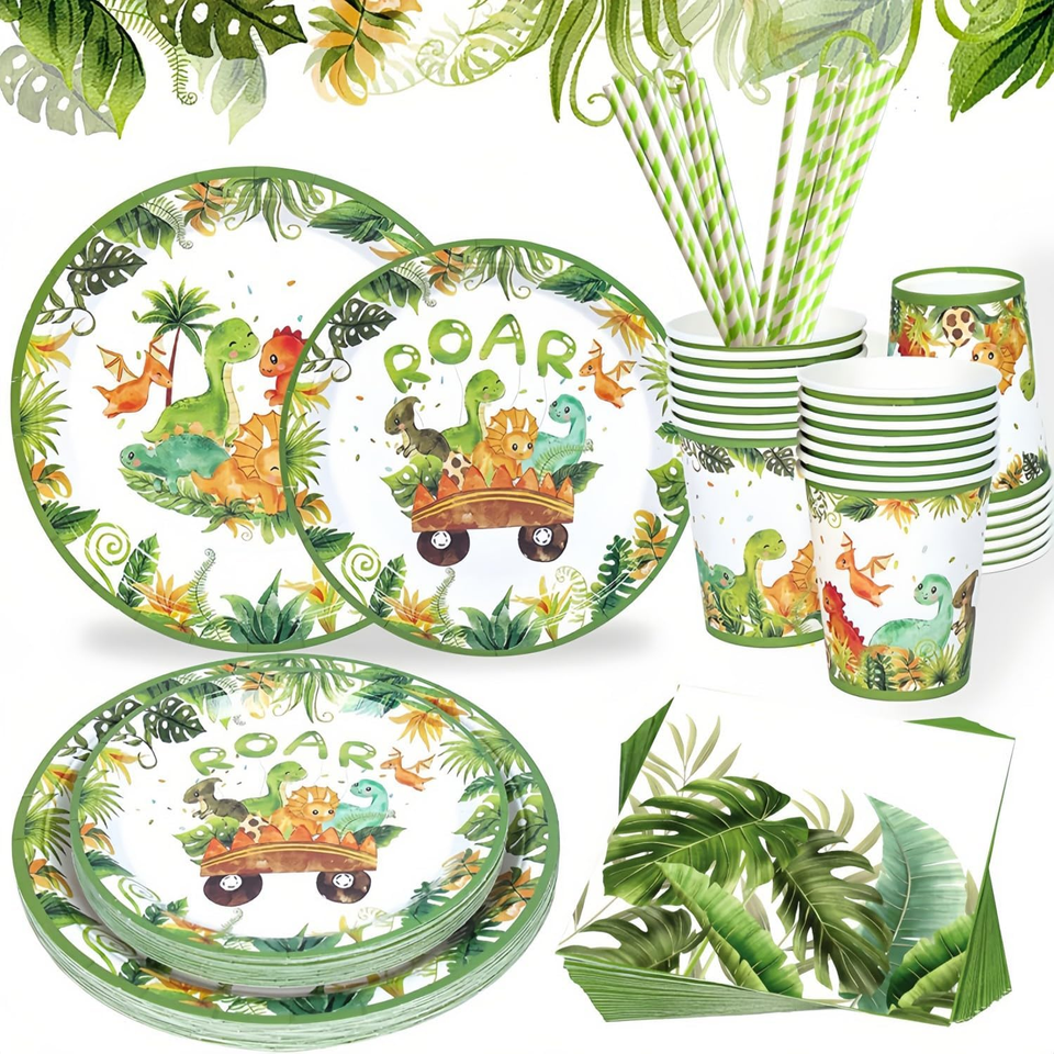 120-Piece Dinosaur Party Supplies - 24-Serve Disposable Tableware Set ...