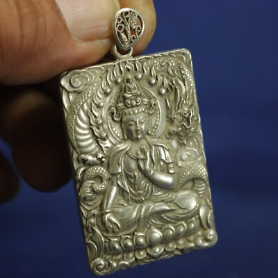Chinese old Tibet Silver Carved Kwan-yin&Dragon Statues Amulet Necklace ...