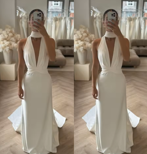 Mermaid Wedding Dress Elegent Satin Halter Neck Sweep Train Ruching ...