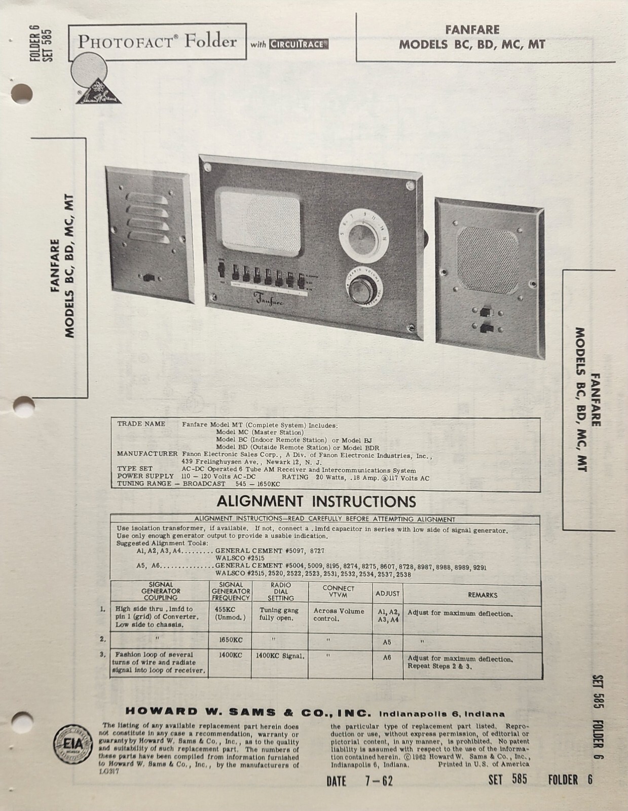 SAMS PHOTOFACT SERVICE MANUAL 585-6 FANFARE MODELS BC BD MC MT | eBay