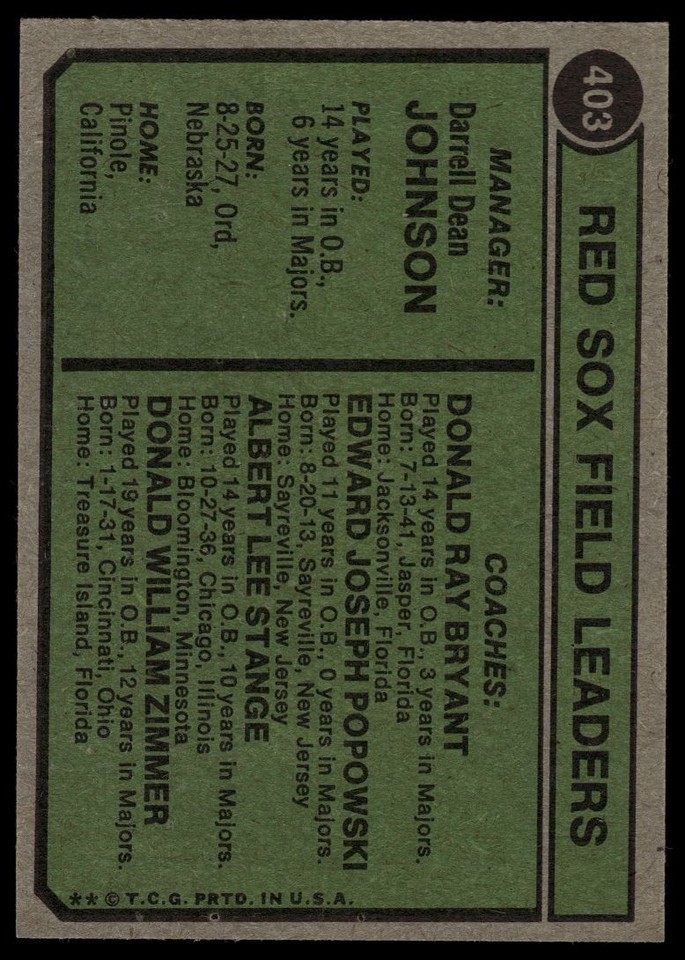 1974 Topps #403 Darrell Johnson/Popowski/Stange/Zimmer/Bryant Boston ...