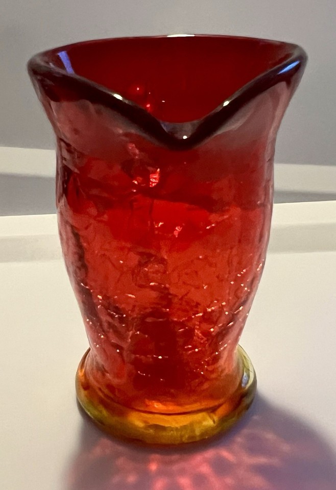 Small Red Crackle Glass Pitcher GLOWS Under Black Light Hand Blown 3.25 ...