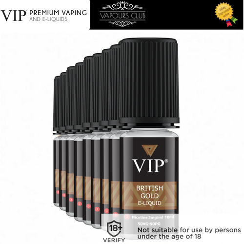 10 x VIP British Gold Tobacco E-LIQUID (3mg/8mg/16mg/20mg) ORIGINAL VIP ...