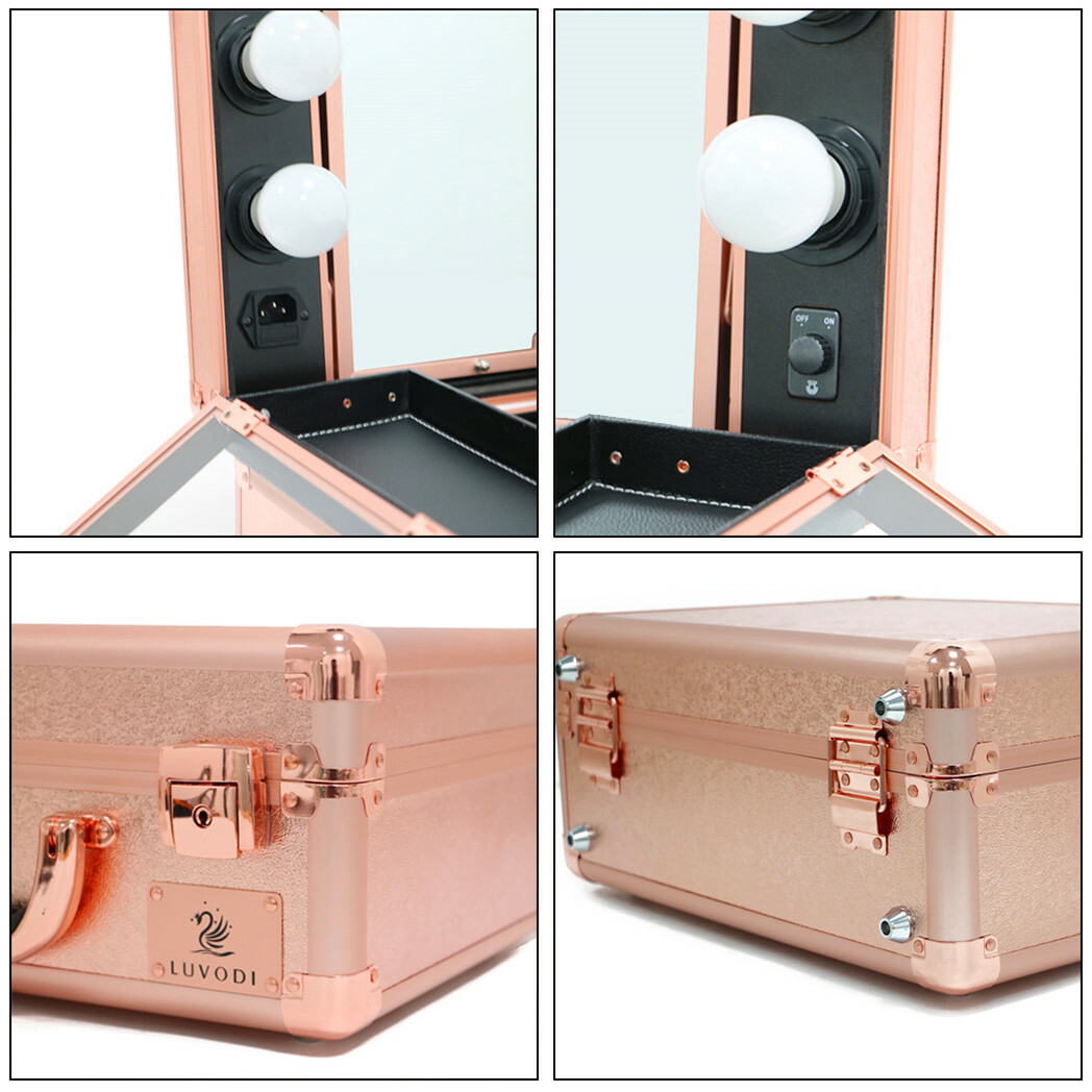 Lockable Makeup Case LED Lighted Table Desk Vanity Mirror 2-Tier Tray ...