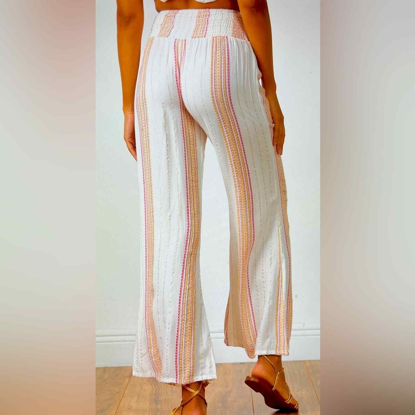 ELAN Cory White Rose Gold Metallic Pants with Smocked Waistband Large ...