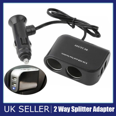 2 Way 12V 24V Multi Socket Car Cigarette Lighter Splitter USB Charger ...