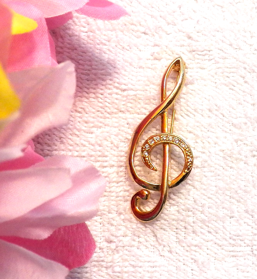 CLASSIC PIN BROOCH MUSICAL CLEF NOTES RHYTHM TEMPO RHINESTONES GOLD ...