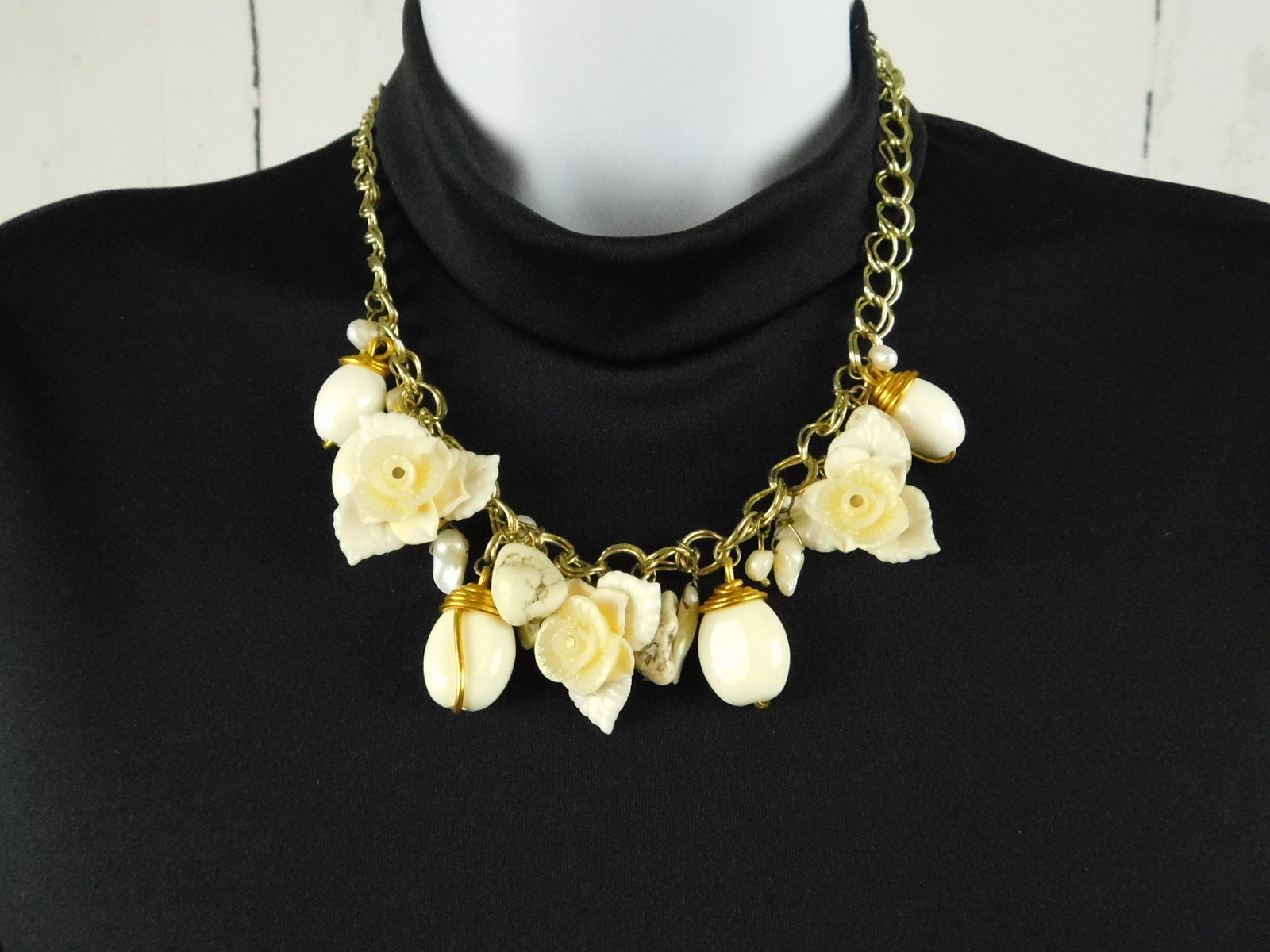 Vintage Yousi Statement Necklace Gold Tone Flowers Stones Beads Pearls ...